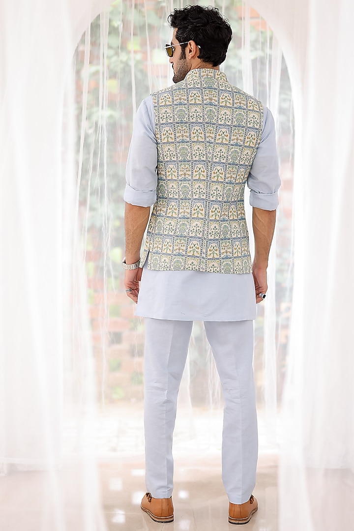 Sky Blue Pure Linen Printed Bundi Jacket Set by ASUKA at Pernia's Pop ...