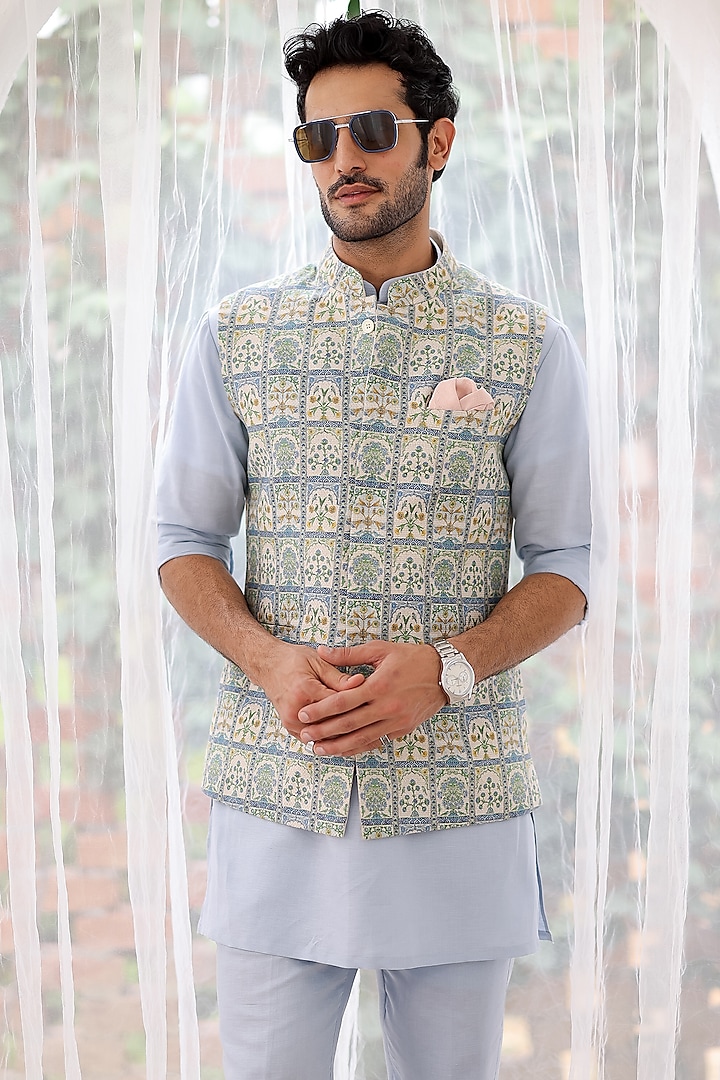Sky Blue Pure Linen Printed Bundi Jacket Set by ASUKA at Pernia's Pop ...