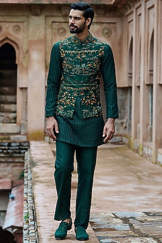Cobalt Green Raw Silk Cutdana Embroidered Bundi Jacket Set by ASUKA at ...