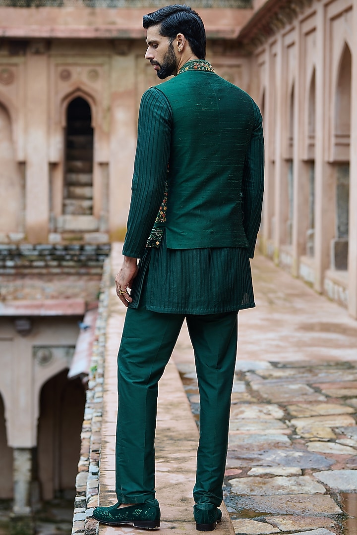 Cobalt Green Raw Silk Cutdana Embroidered Bundi Jacket Set by ASUKA at ...