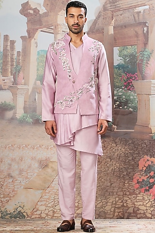 Lilac Velvet Cutdana Embroidered Asymmetric Bundi Jacket Set by ASUKA ...