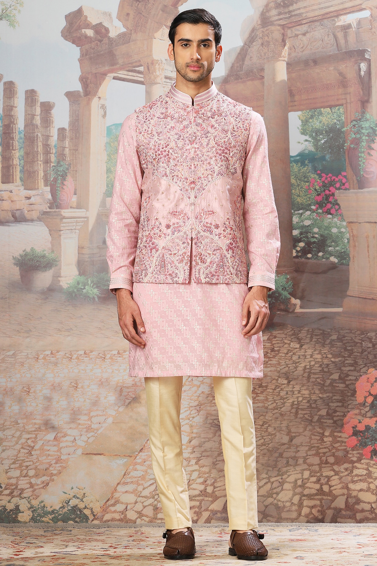 Pink Raw Silk Dabka Embroidered Bundi Jacket Set by ASUKA at Pernia's ...