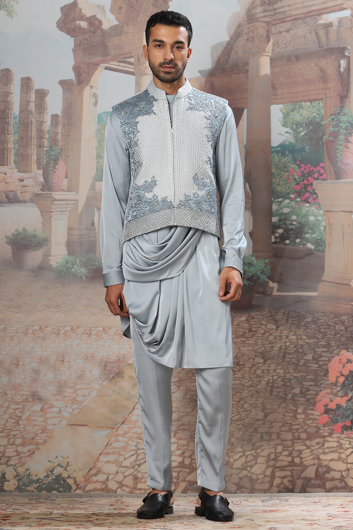 Slate Grey Velvet Sequins Hand Embroidered Bundi Jacket Set by ASUKA at ...