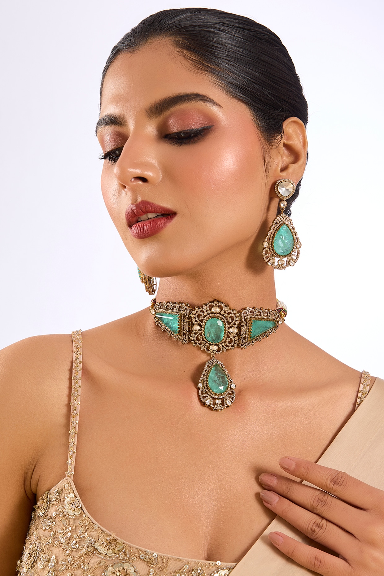 Gold Finish Kundan Polki & Emerald Green Stone Choker Necklace Set by ...