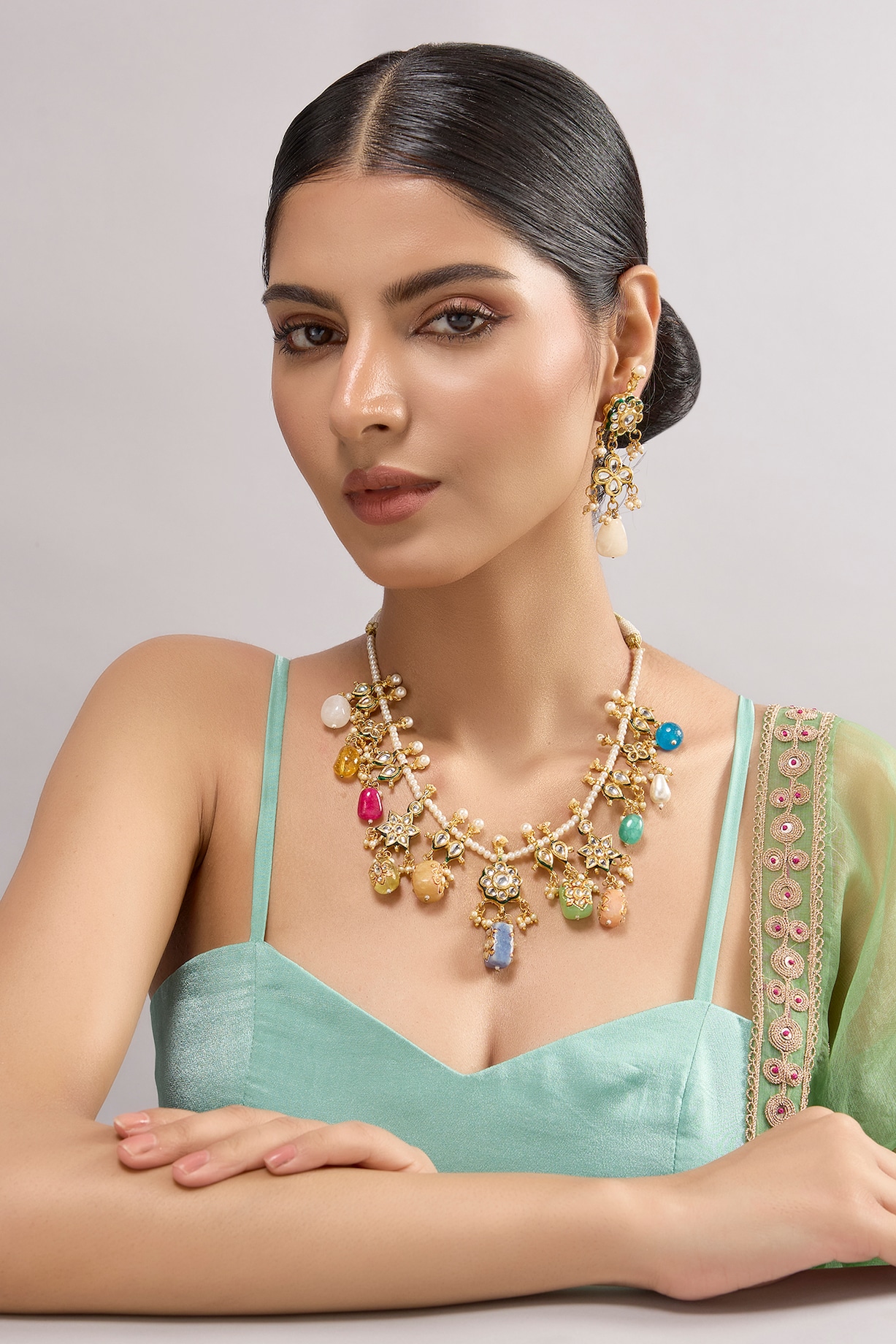 Gold Finish Kundan Polki & Multi-Colored Stone Necklace Set by Auraa Trends at Pernia's Pop Up ...