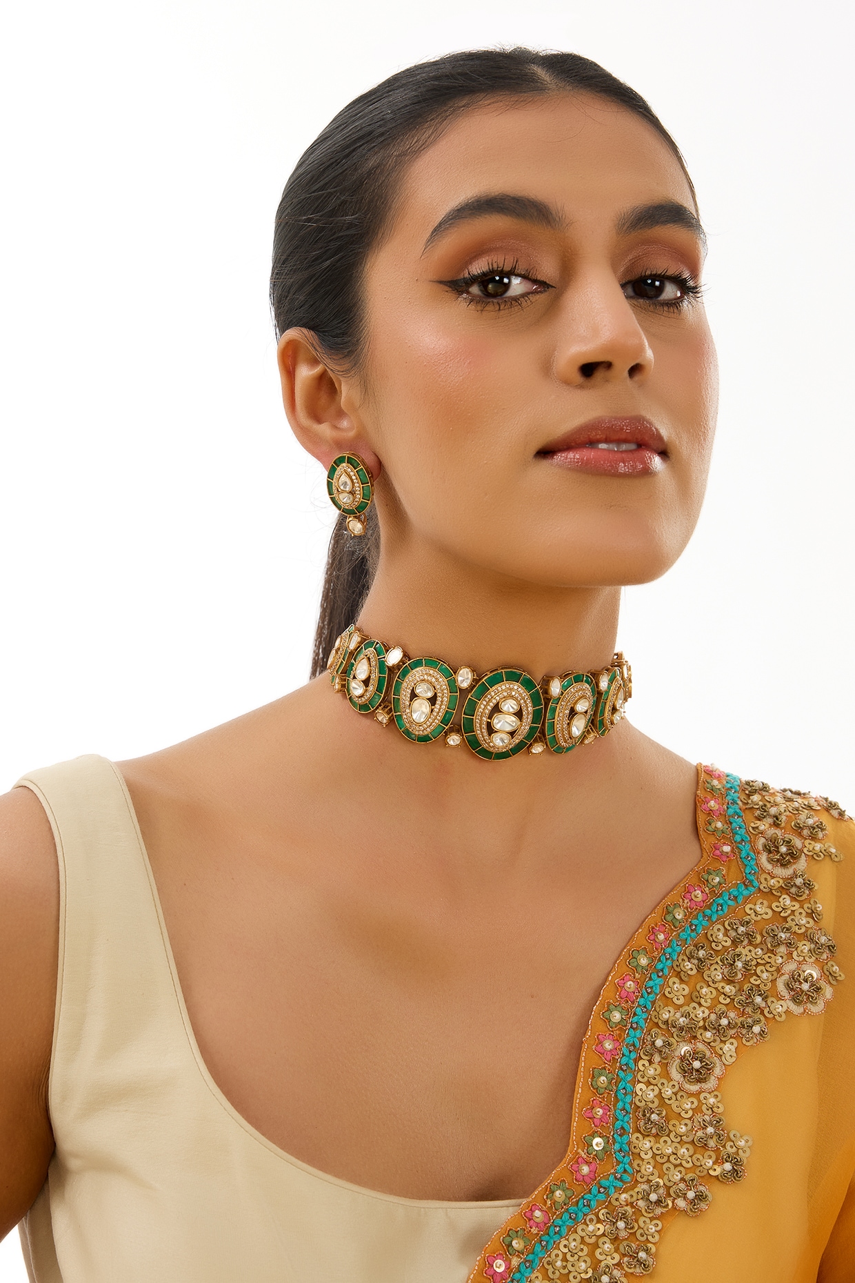 Two-Tone Finish Emerald Stone Beaded Choker Necklace Set by Auraa ...