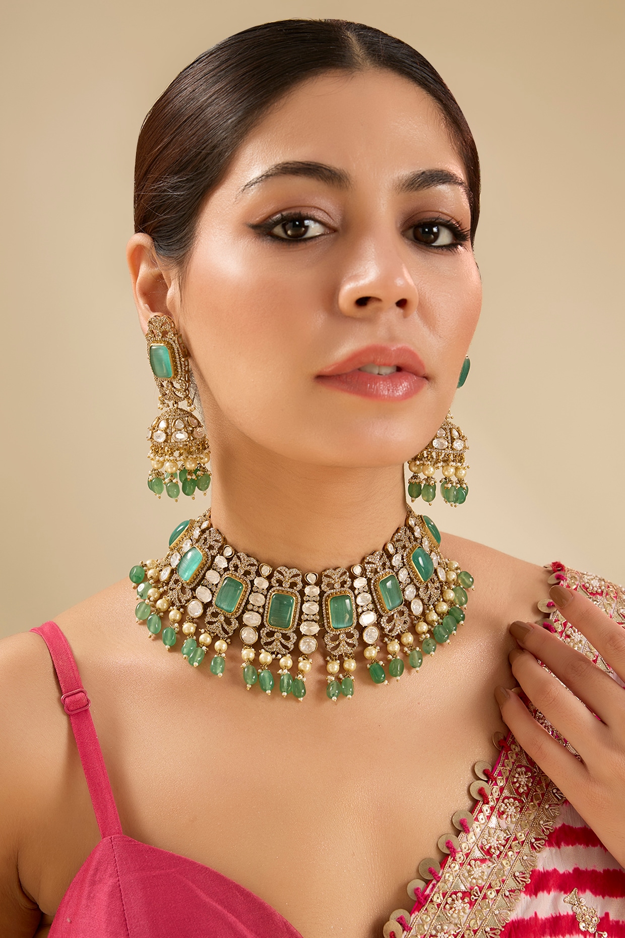 Gold Finish Multi-Colored Stone & Beaded Choker Necklace Set by Auraa ...