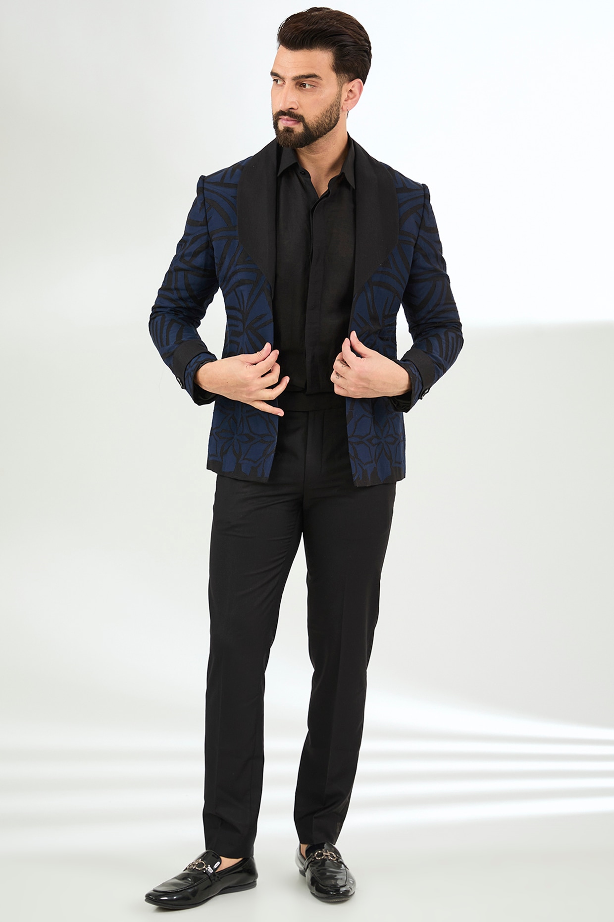 Black Linen Applique Embroidered Jacket Set by Arun Verma at Pernia's ...