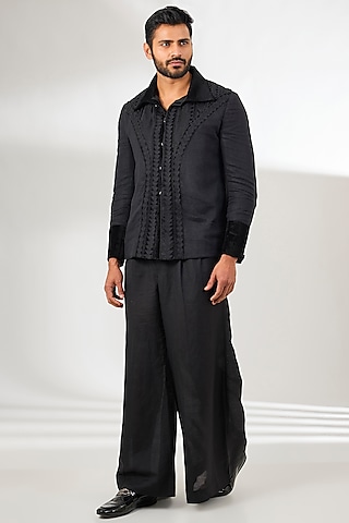 Black Linen Bell Bottom Pleated Wide-Leg Pants by Arun Verma at Pernia ...