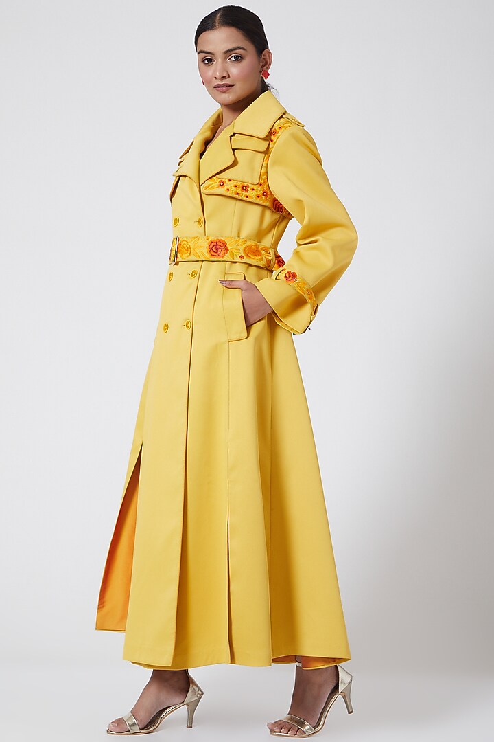 Yellow Embroidered Overcoat With Belt by Ava Designs at Pernia's Pop Up ...