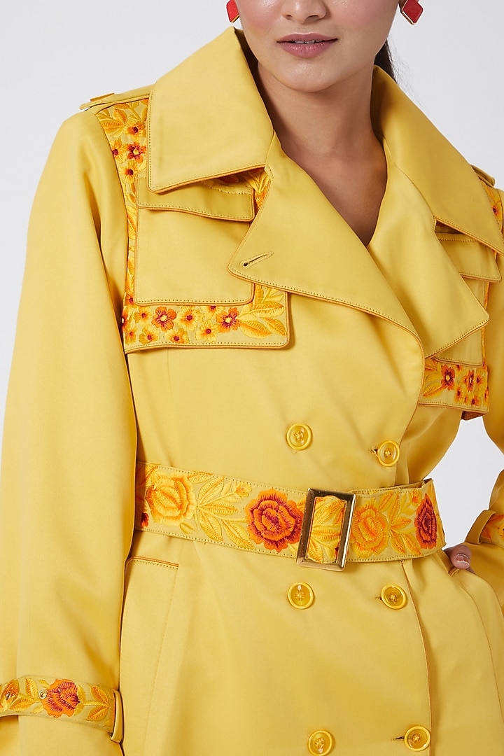 Yellow Embroidered Overcoat With Belt by Ava Designs at Pernia's Pop Up ...