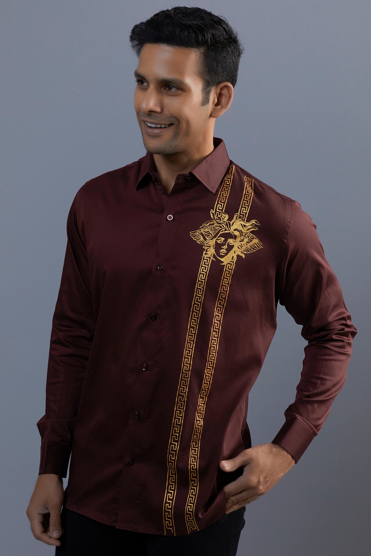 Greek Patras Maroon Premium Giza Cotton Blend Hand Painted Shirt by AVALIPT at Pernia's Pop Up ...
