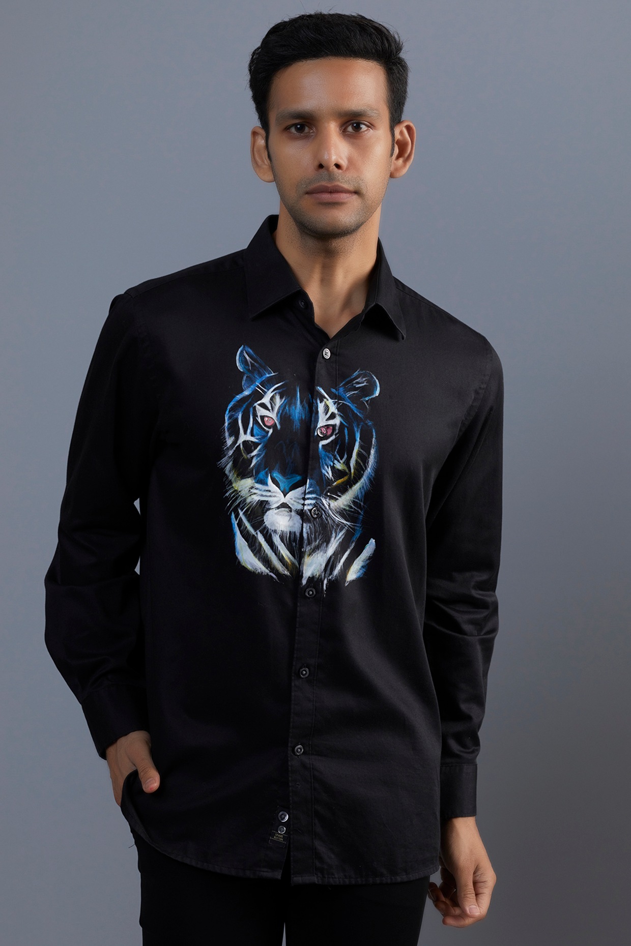Illuminated Tiger Black Premium Giza Cotton Blend Hand Painted Shirt by AVALIPT at Pernia's Pop ...
