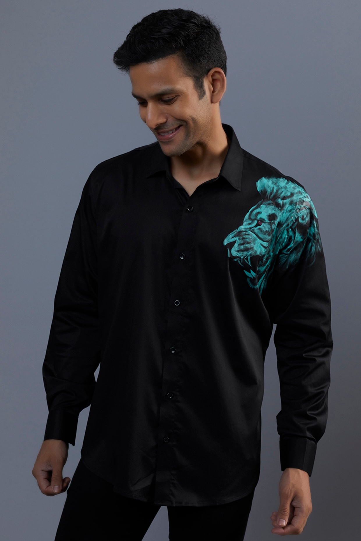 Lion King Black Premium Giza Cotton Blend Hand Painted Shirt by AVALIPT at Pernia's Pop Up Shop 2025