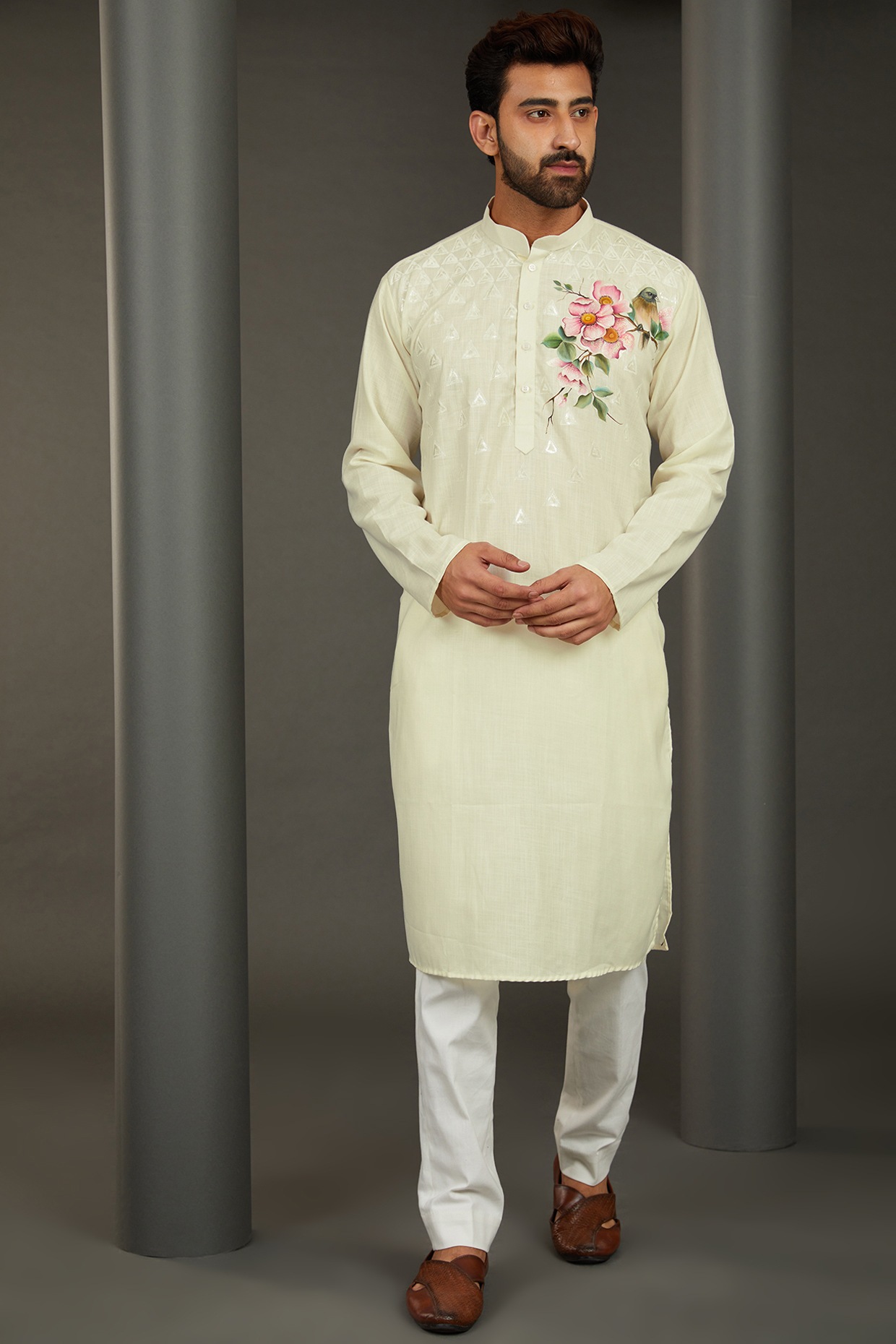 Floral Bouquet Off-White Premium Giza Cotton Blend Hand Painted Kurta by AVALIPT at Pernia's Pop ...