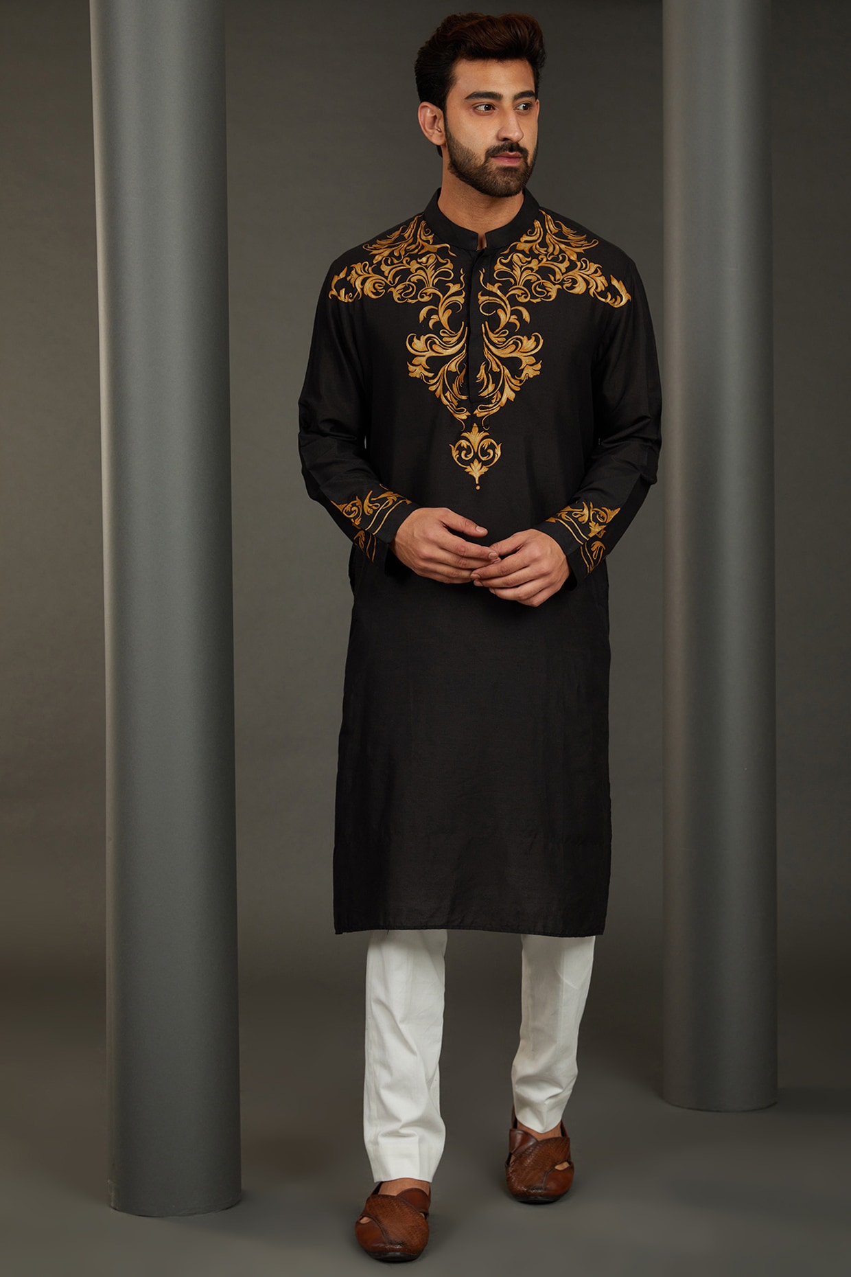 Golden Royal Black Premium Giza Cotton Blend Hand Painted Kurta by AVALIPT at Pernia's Pop Up ...