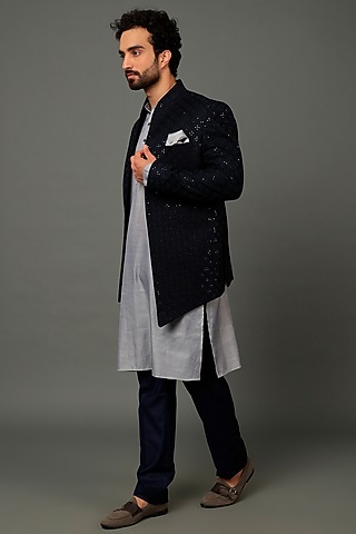 Navy Blue Machine Embroidered Indowestern Set by AVEGA at Pernia's Pop ...