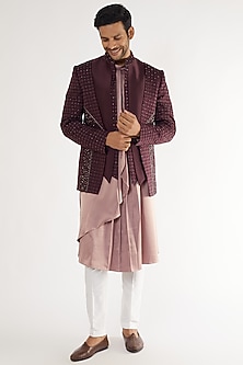 Maroon Jacquard Embroidered Open Jodhpuri Set Design by AVEGA at Pernia ...