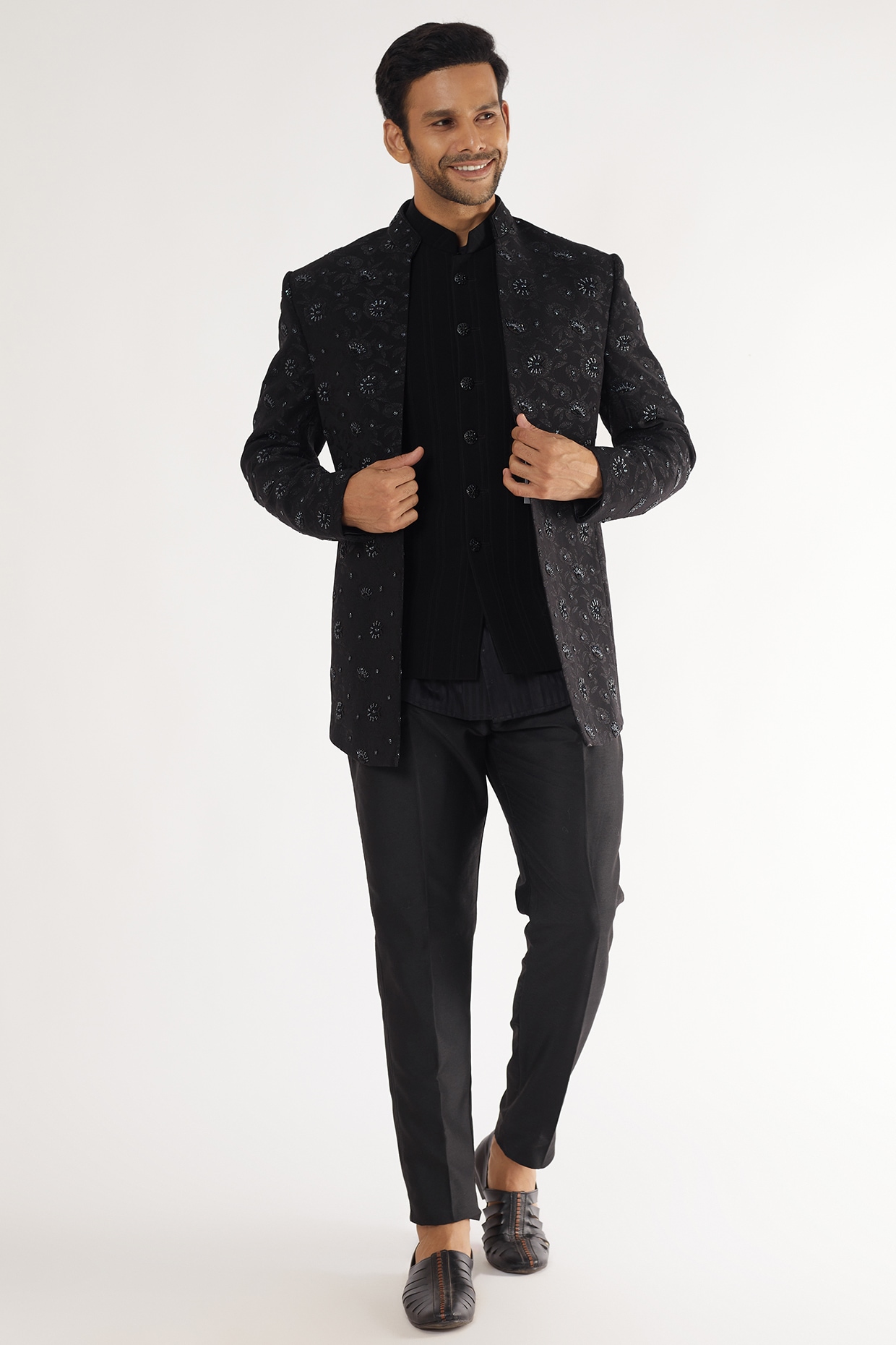 Black Jacquard Hand Embroidered Jodhpuri Set by AVEGA at Pernia's Pop ...