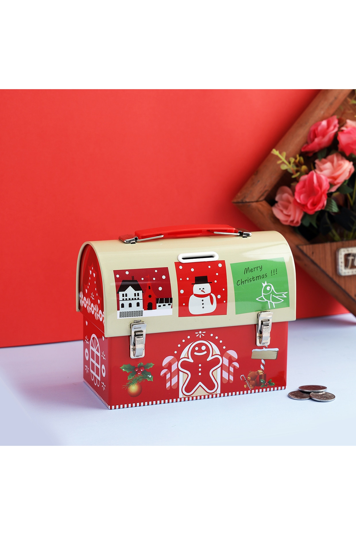 Red Metal Merry Christmas Trunk Box Piggy Bank by A Vintage Affair at ...
