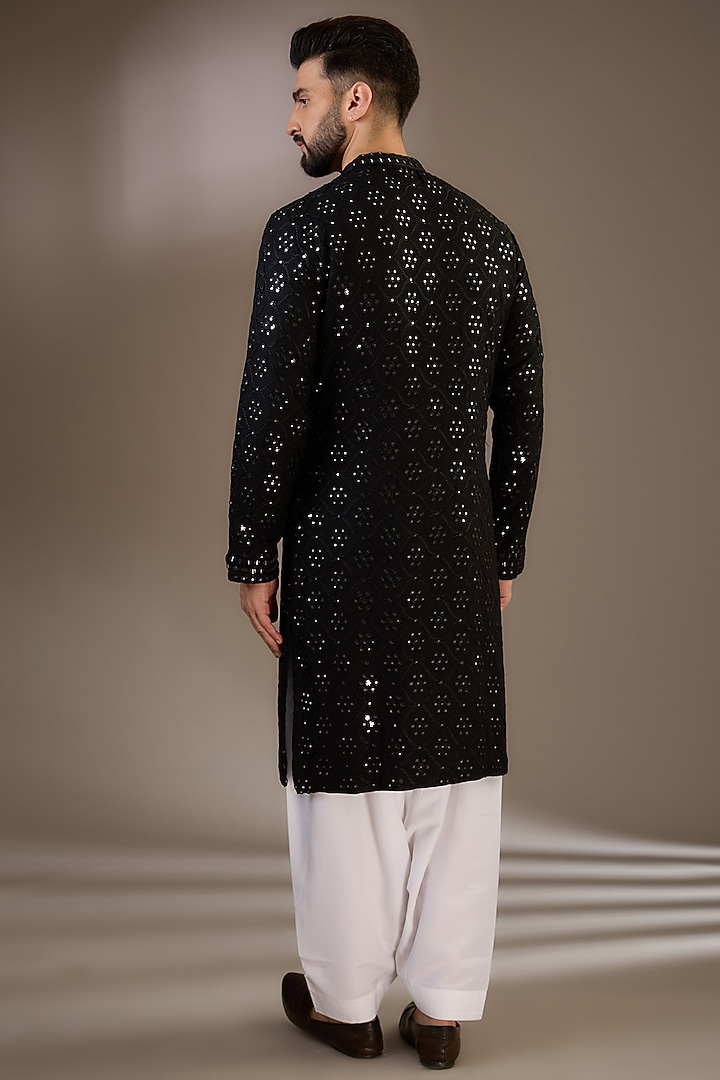 Black Georgette Mirror & Machine Embroidered Kurta Set by Ankit V ...