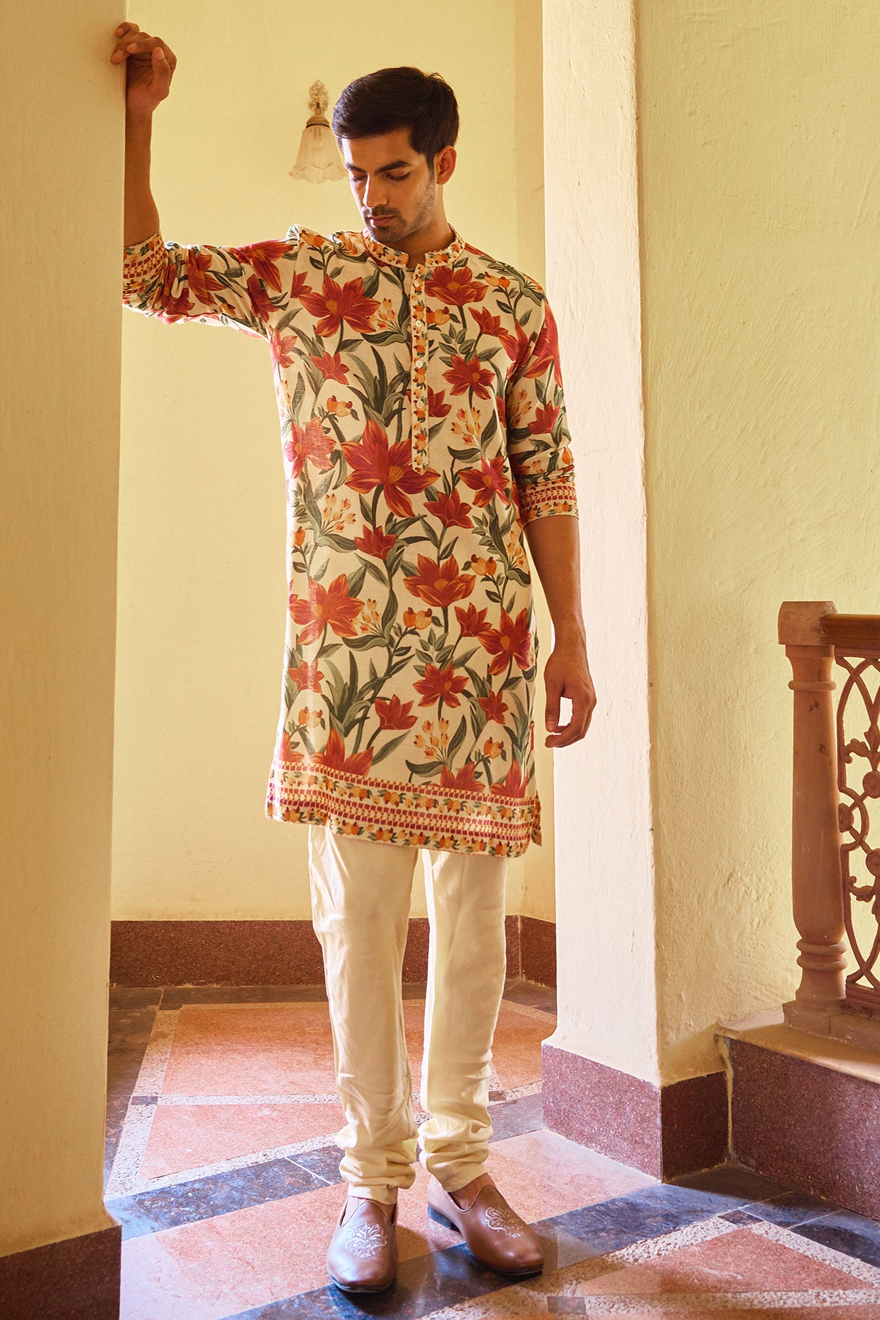 Cream Bemberg Cotton Silk Hand Embroidered Kurta Set by Ankit V Kapoor ...