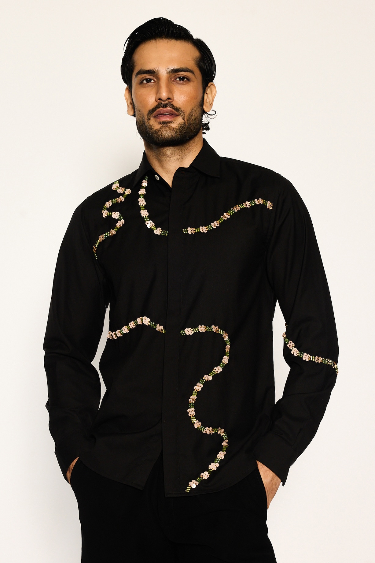 Black Suiting Fabric Hand Embroidered Party Wear Shirt by Ankit V ...