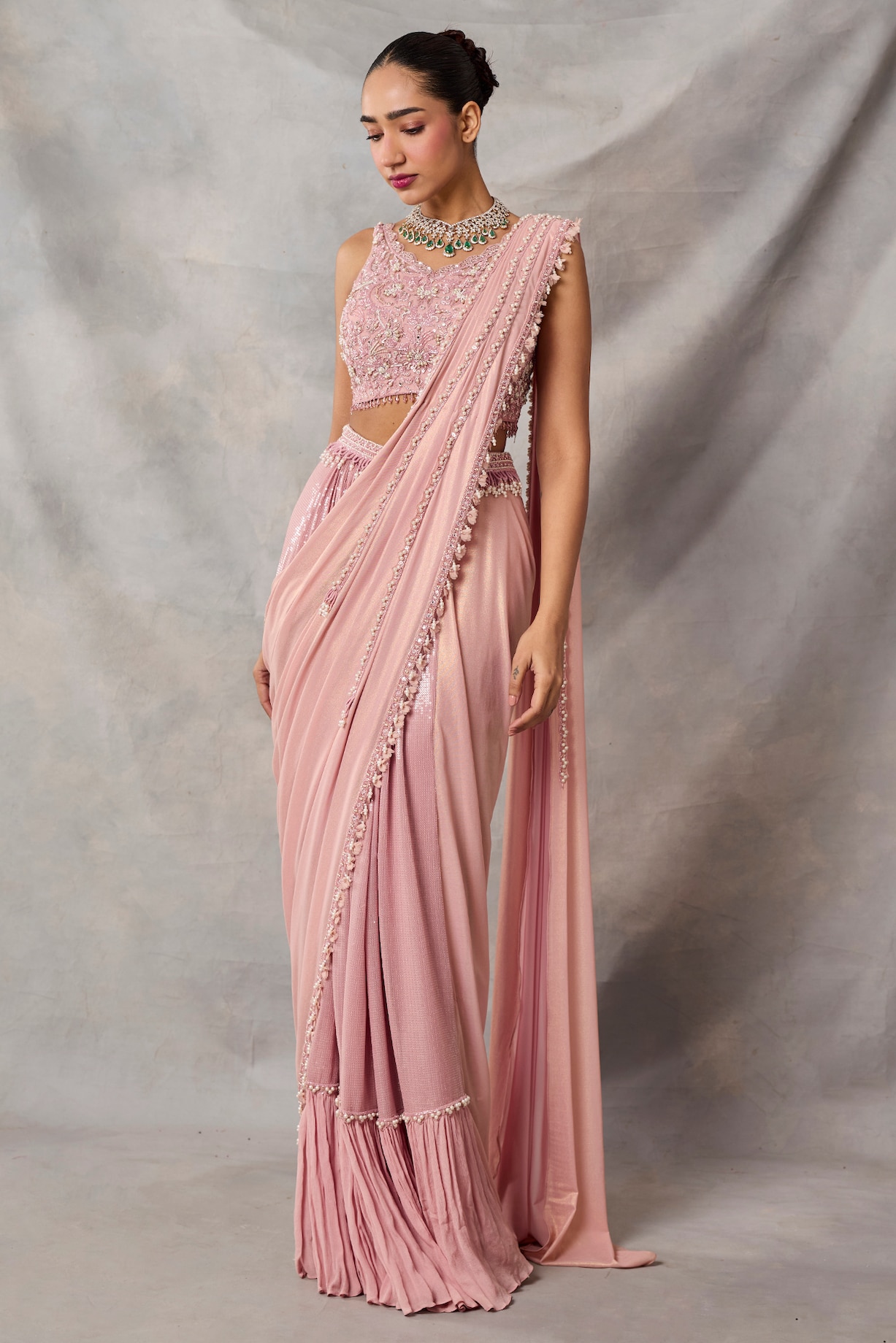 Pink Satin Georgette & Sequins Draped Wedding Saree Set by AWIGNA BY ...
