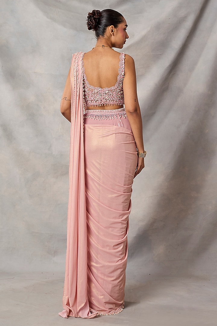 Pink Satin Georgette & Sequins Draped Wedding Saree Set by AWIGNA BY ...