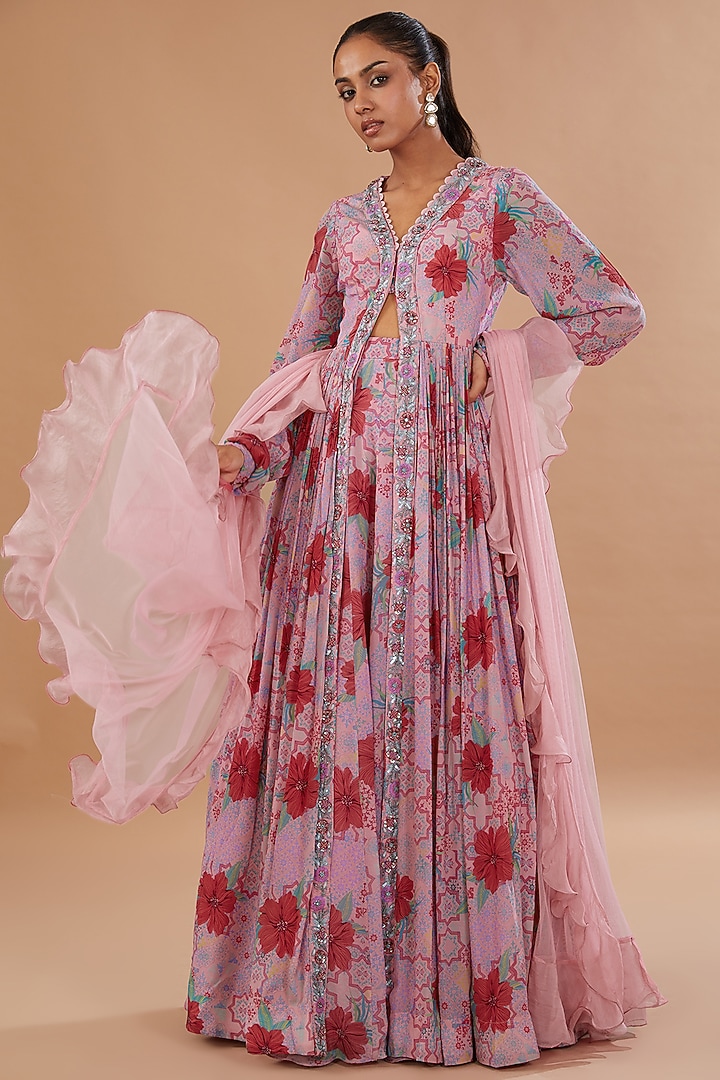 Pink Crepe Printed Anarkali Set Design by AWIGNA BY VARSHA & RITTU at Pernia's Pop Up Shop 2024