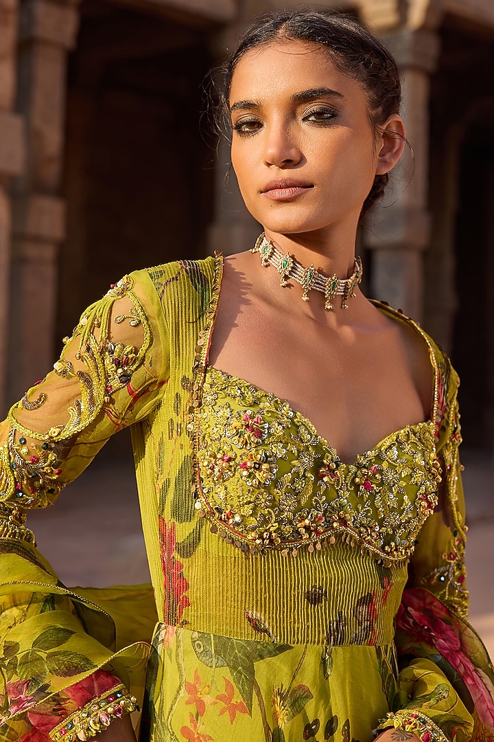Green Organza Printed & Embroidered Anarkali Set by AWIGNA BY VARSHA & RITTU at Pernia's Pop Up ...