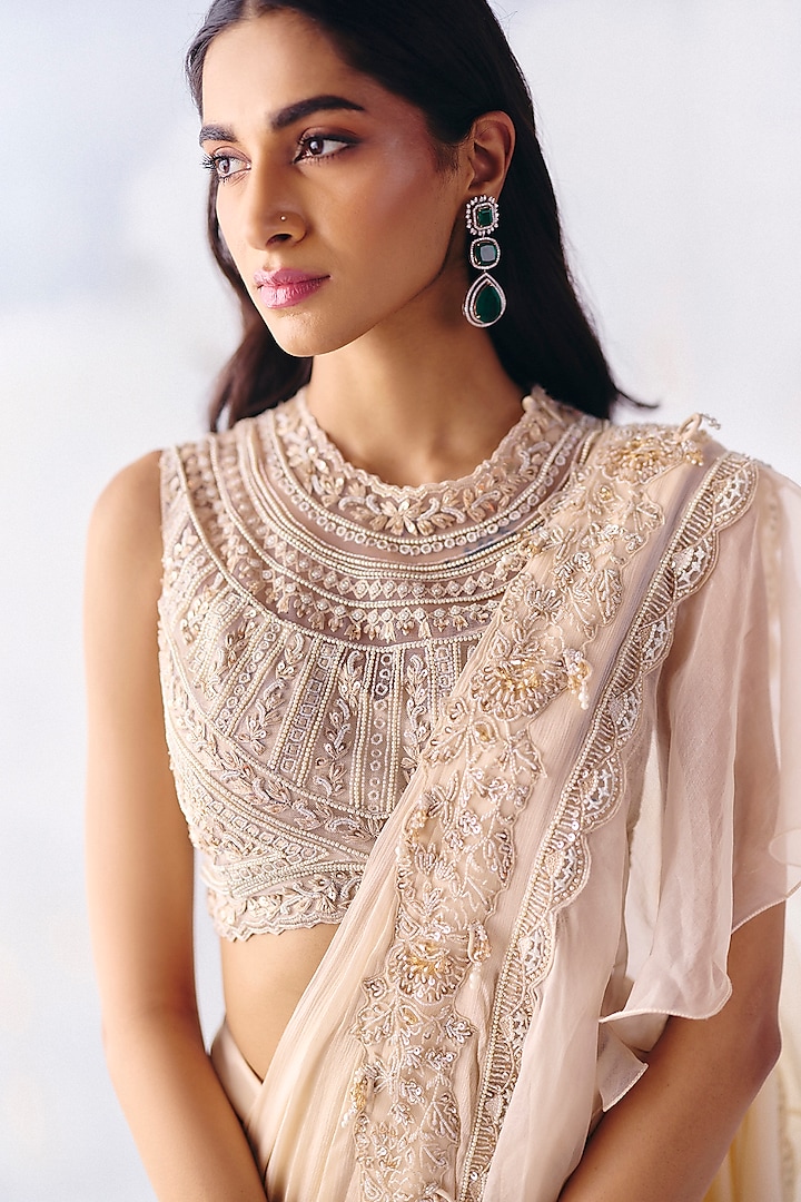 Ivory Chiffon & Organza Floral Embroidered Pre-Draped Saree Set by AWIGNA BY VARSHA & RITTU at ...