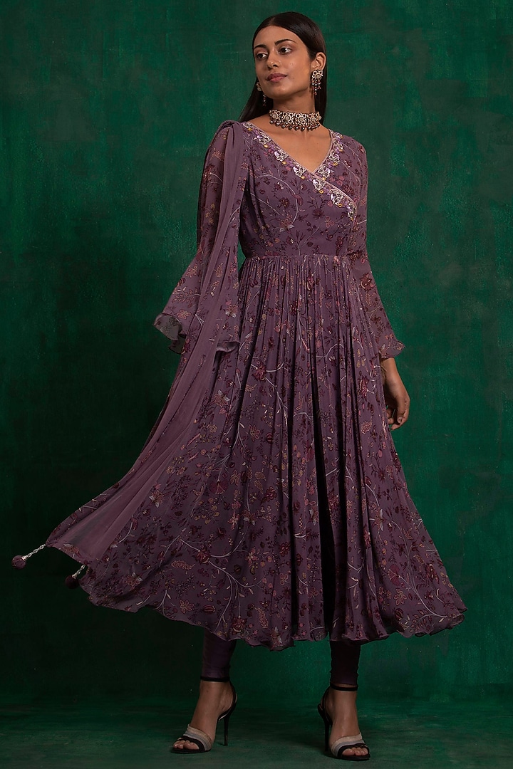 Rust Purple Printed & Embroidered A-Line Anarkali Set Design by AWIGNA BY VARSHA & RITTU at ...