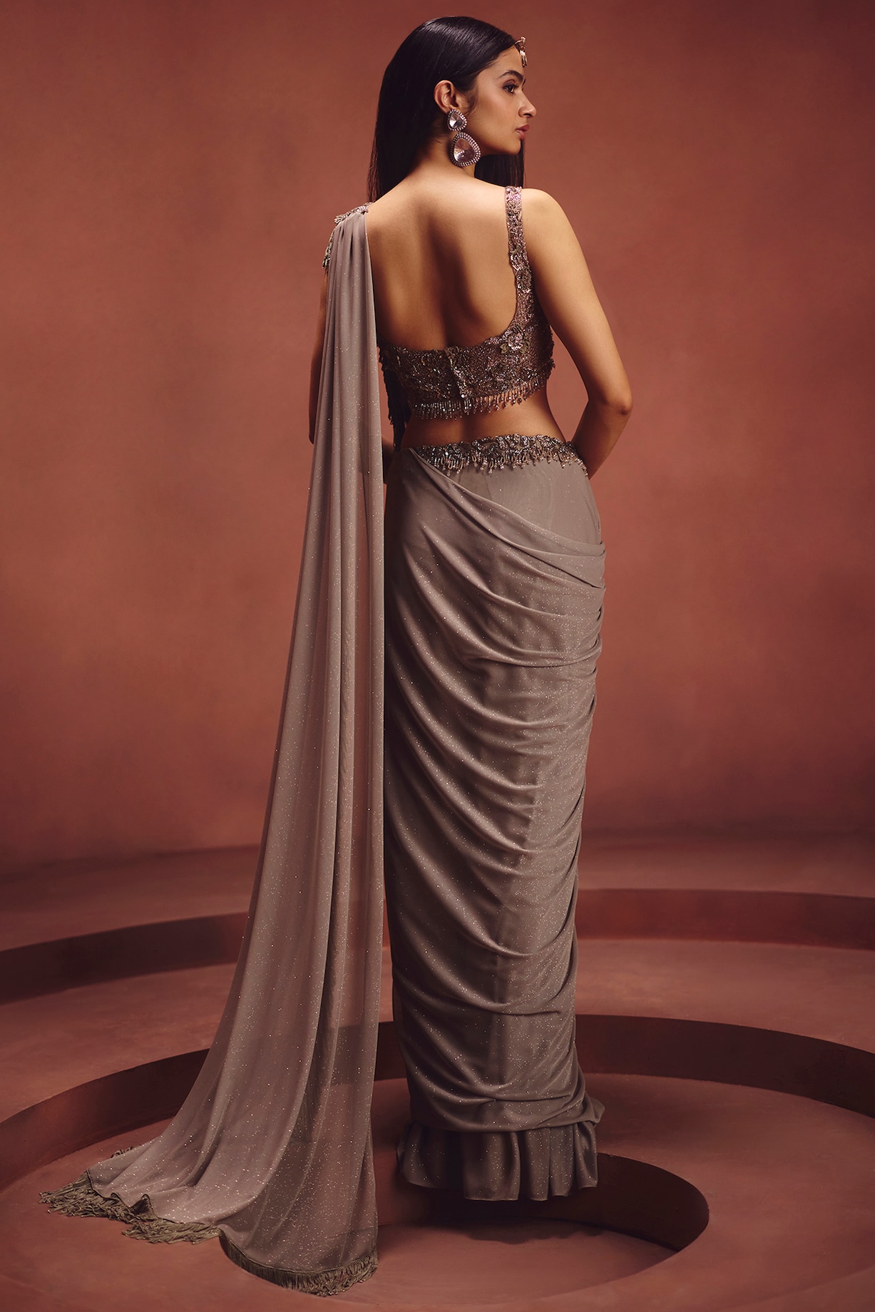 Olive Grey Shimmer Lycra & Net Draped Wedding Saree Set by AWIGNA BY ...