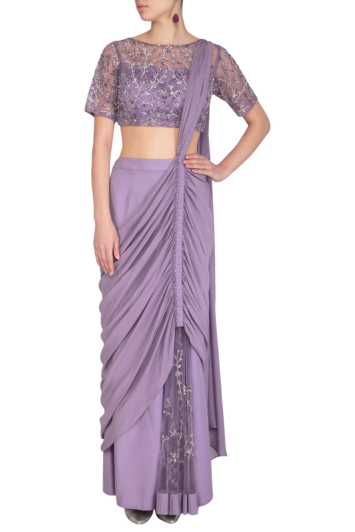 Lilac Embroidered Drape Saree Set by AWIGNA by Varsha and Rittu at Pernia's Pop Up Shop 2025