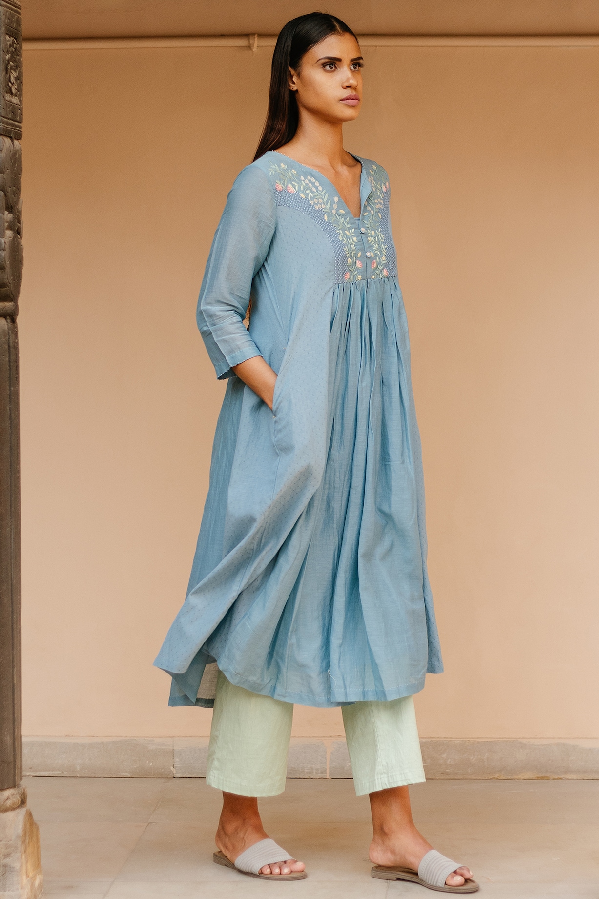 Blue Cotton Hand-Embroidered Tunic by AYAKA at Pernia's Pop Up Shop 2025