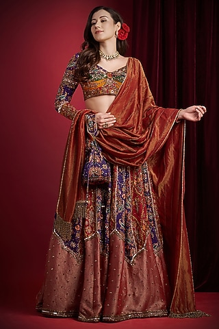 Multi-Colored Organza Tissue Hand Embroidered Bridal Lehenga Set by ...