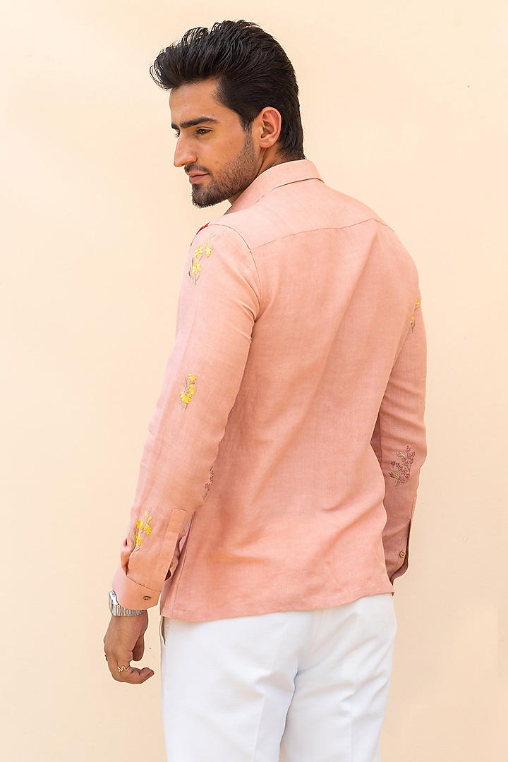 Peach-Pink Linen Hand Embroidered Shirt by AYUSH JAIN at Pernia's Pop ...