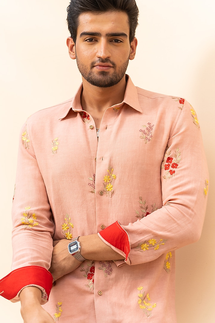 Peach-Pink Linen Hand Embroidered Shirt by AYUSH JAIN at Pernia's Pop ...