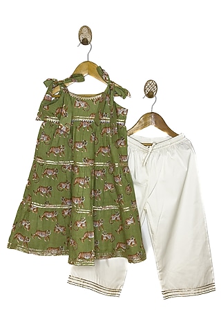 Green Pure Cotton Lace Work Tiered Kurta Set For Girls by Baby Wagon at ...