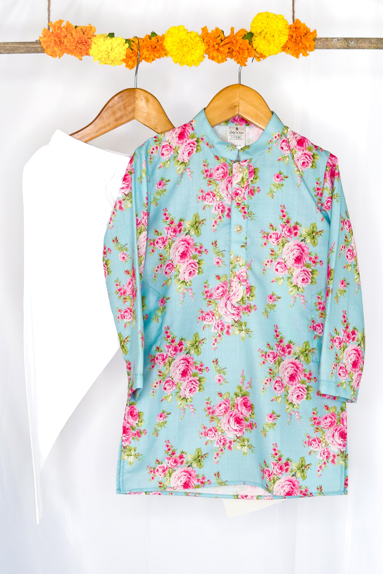 Blue Cotton Floral Printed & Lace Work Kurta Set For Boys by Baby Wagon ...