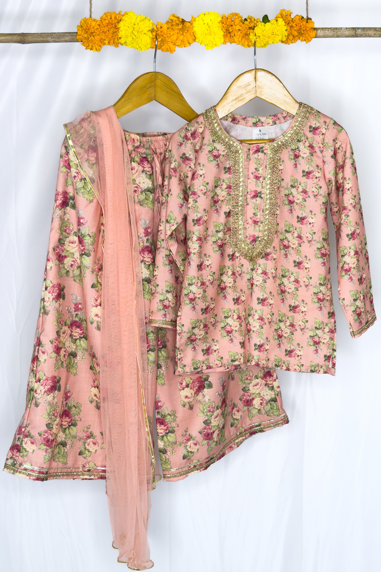 Peach Cotton Floral Printed Gharara Set For Girls by Baby Wagon at ...