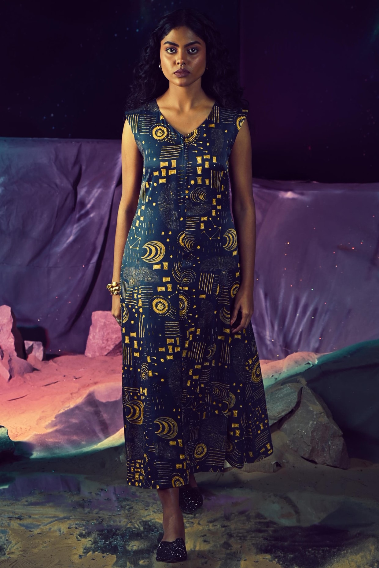 Navy Blue Dull Satin Abstract Printed Midi Dress by Baise Gaba at ...