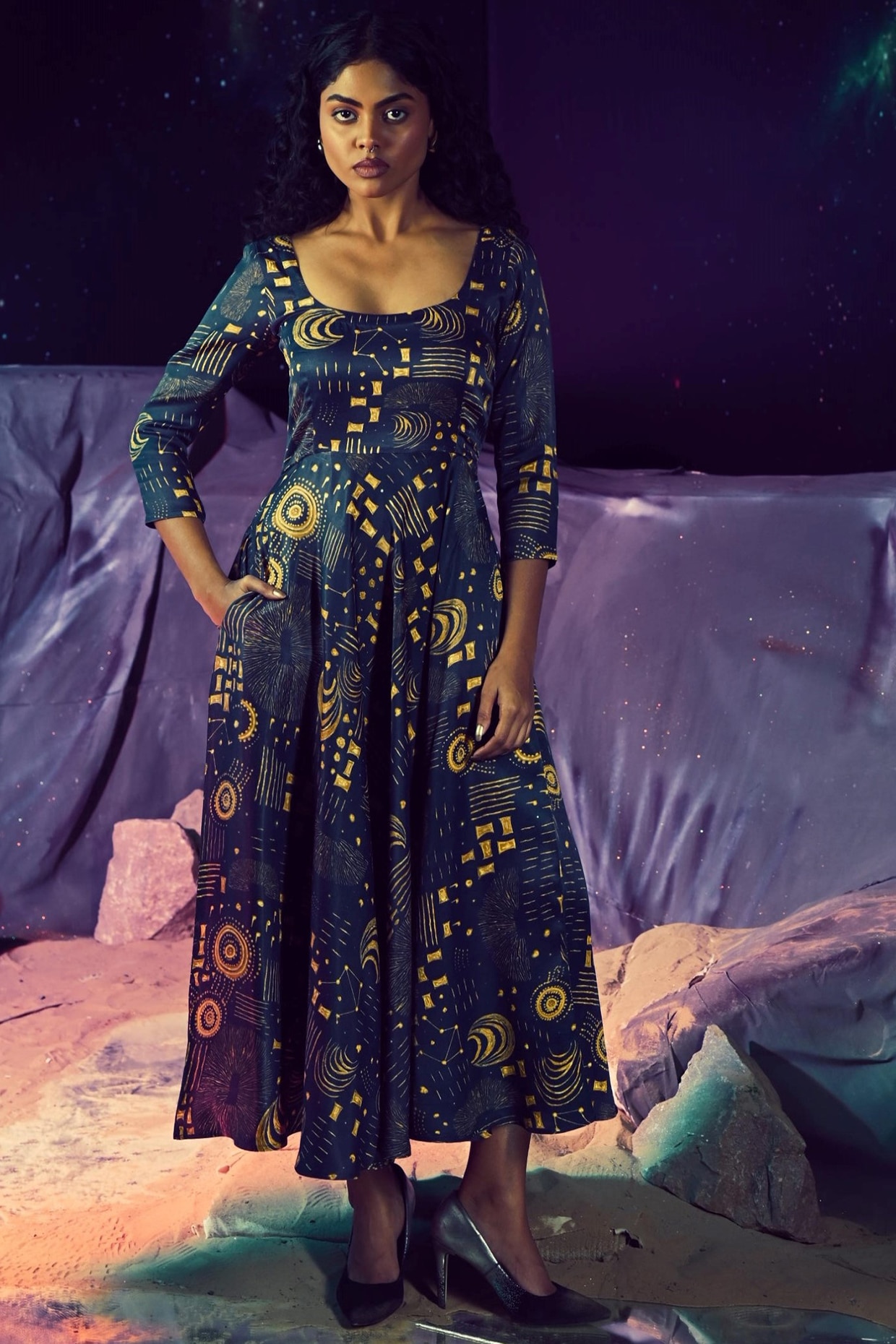 Navy Blue Dull Satin Abstract Printed Dress by Baise Gaba at Pernia's ...