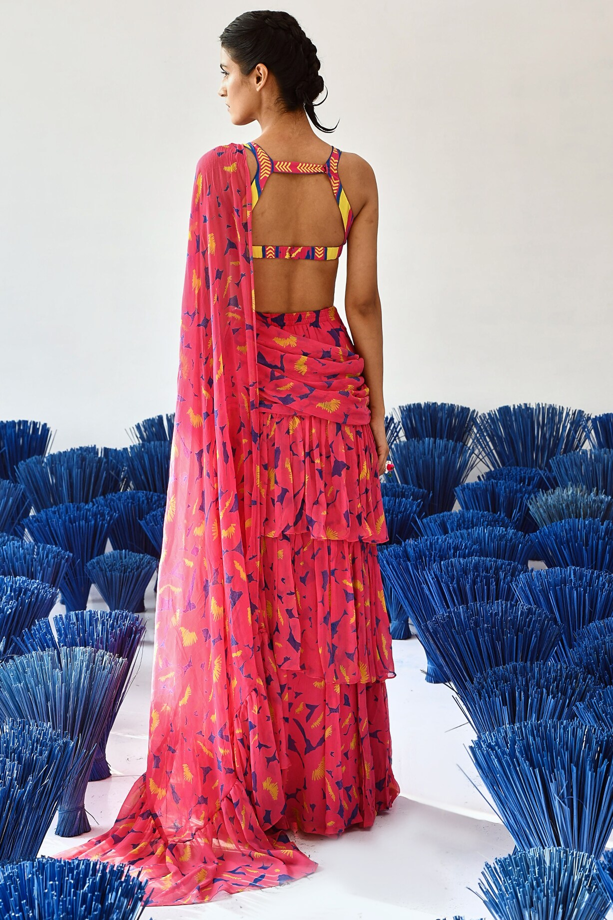 Pink Chiffon Ruffled Pre-Stitched Saree Set by Baise Gaba at Pernia's ...