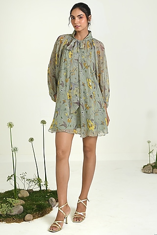 Sage Green Chiffon Floral Printed Mini Summer Dress by Baise Gaba at ...