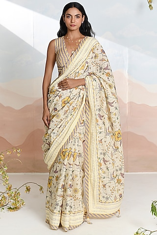 Cream Cotton Dobby Floral Motif Festive Saree Set by Baise Gaba at ...