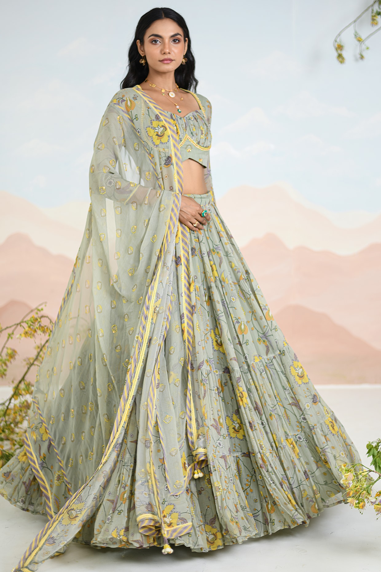 Sage Green Chiffon Floral Motif Wedding Lehenga Set Set by Baise Gaba ...