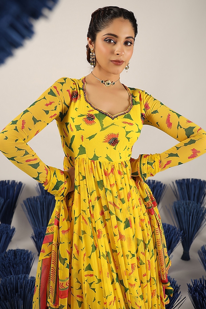 Yellow Chiffon Printed Anarkali by Baise Gaba at Pernia's Pop Up Shop 2025