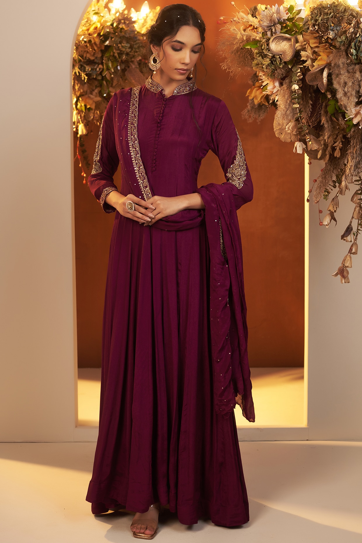 Wine Chinon Georgette Zari Embroidered Anarkali Set by Baidehi at ...